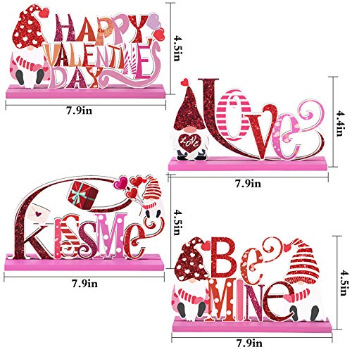 Happy Valentine's Day Decorations, 4 Pcs Wooden Gnomes Kiss Me Signs, Be Mine Tabletop Centerpiece Signs with Pink Hearts for Valentine's Day Gifts Mantle Shelf Table Home Decors