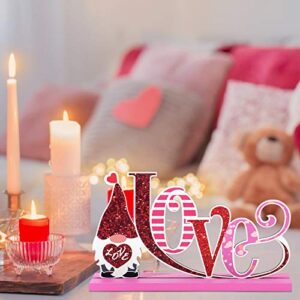 Happy Valentine's Day Decorations, 4 Pcs Wooden Gnomes Kiss Me Signs, Be Mine Tabletop Centerpiece Signs with Pink Hearts for Valentine's Day Gifts Mantle Shelf Table Home Decors