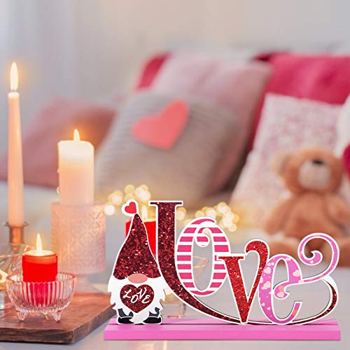 Happy Valentine's Day Decorations, 4 Pcs Wooden Gnomes Kiss Me Signs, Be Mine Tabletop Centerpiece Signs with Pink Hearts for Valentine's Day Gifts Mantle Shelf Table Home Decors