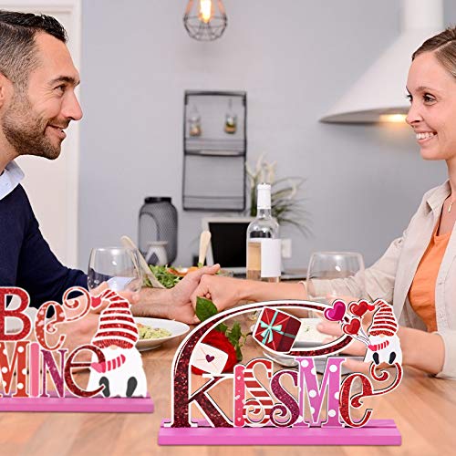 Happy Valentine's Day Decorations, 4 Pcs Wooden Gnomes Kiss Me Signs, Be Mine Tabletop Centerpiece Signs with Pink Hearts for Valentine's Day Gifts Mantle Shelf Table Home Decors