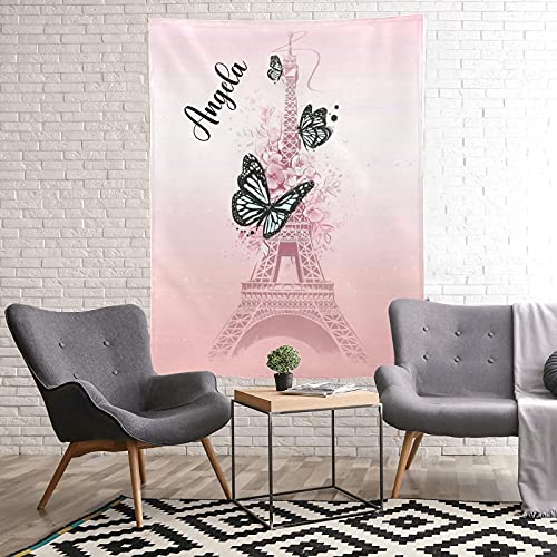 Butterfly and Eiffel Tower Personalized Name Soft Fleece Bed Blankets Throws as Birthday Wedding Gifts for Sofa Couch 50'' x 60''