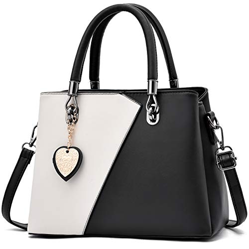 Womens Leather Handbags Purse Top-handle Bags Contrast Color Stitching Totes Satchel Shoulder Bag for Ladies Black