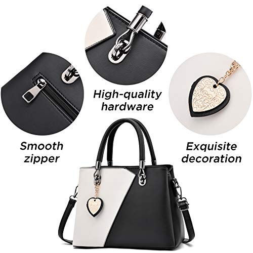 Womens Leather Handbags Purse Top-handle Bags Contrast Color Stitching Totes Satchel Shoulder Bag for Ladies Black