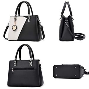 Womens Leather Handbags Purse Top-handle Bags Contrast Color Stitching Totes Satchel Shoulder Bag for Ladies Black