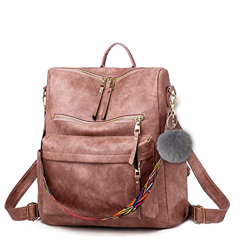 ROOSALANCE Leather Women Backpack Fashion Large Multipurpose Convertible Designer Ladies Purse Shoulder Bags Handbags (Pink)