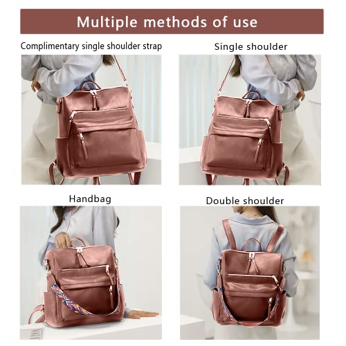 ROOSALANCE Leather Women Backpack Fashion Large Multipurpose Convertible Designer Ladies Purse Shoulder Bags Handbags (Pink)