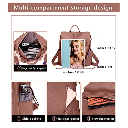 ROOSALANCE Leather Women Backpack Fashion Large Multipurpose Convertible Designer Ladies Purse Shoulder Bags Handbags (Pink)