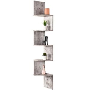 greenco 5 tier wall mount corner shelves rustic white finish, 7.75″ l x 7.75″ w x 48.5″ h.