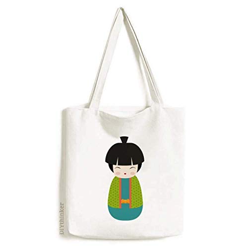 Green Kimono Doll Art Japan Tote Canvas Bag Shopping Satchel Casual Handbag