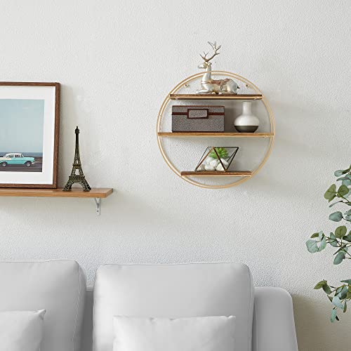 TFER Floating Shelves Wall Mounted Hanging Shelf Hexagon Rustic Farmhouse Shelves for Wall Decor,Storage | Metal Bracket and Reclaimed Natural Wood Shelf for Living Room,Bedroom,Bathroom(Gold)