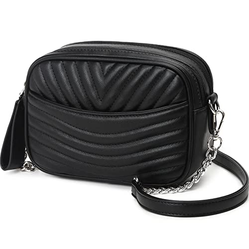 Crossbody Bags For Women, Small Quilted Purses Lightweight Camera Bag Stylish Double Zipper Shoulder Purse And Handbags Black