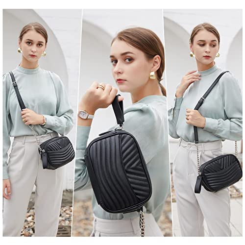 Crossbody Bags For Women, Small Quilted Purses Lightweight Camera Bag Stylish Double Zipper Shoulder Purse And Handbags Black