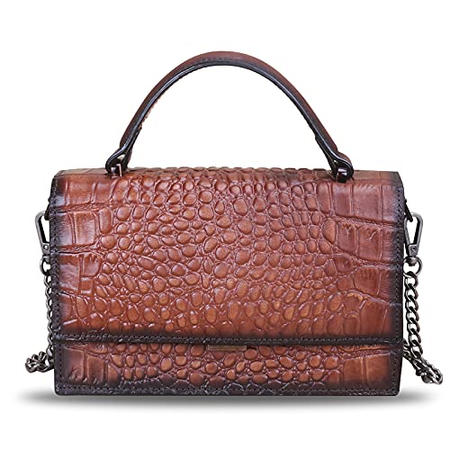 Genuine Leather Handbags for Women Retro Handmade Small Satchel Purse Luxury Top Handle Real Leather Embossed Design Crossbody Bag (Coffee)