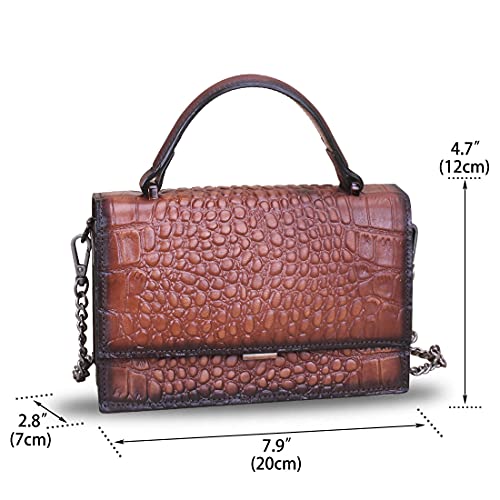 Genuine Leather Handbags for Women Retro Handmade Small Satchel Purse Luxury Top Handle Real Leather Embossed Design Crossbody Bag (Coffee)