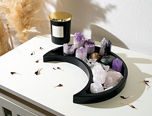 Moon Tray Crystal Holder Display - Black Wooden Crystal Tray for Stones, Healing Crystals Storage and Organizer - Crescent Gothic Witchy Coffin Spiritual Decor - Essential Oil Holder - Jewelry Dish