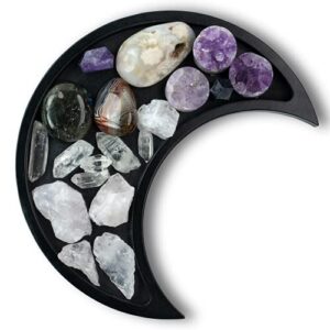 Moon Tray Crystal Holder Display - Black Wooden Crystal Tray for Stones, Healing Crystals Storage and Organizer - Crescent Gothic Witchy Coffin Spiritual Decor - Essential Oil Holder - Jewelry Dish