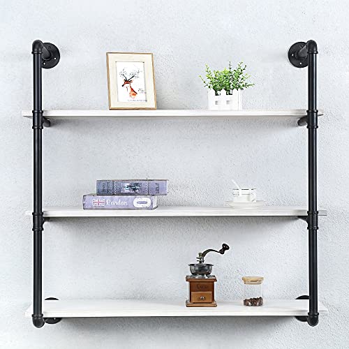 Industrial Pipe Shelving Wall Mounted,36in Rustic Metal Floating Shelves,Steampunk Real Wood Book Shelves,Wall Shelf Unit Bookshelf Hanging Wall Shelves,Farmhouse Kitchen Bar Shelving(3 Tier)