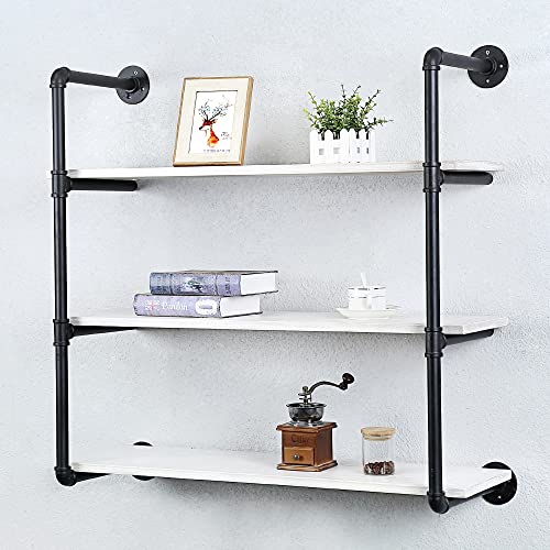 Industrial Pipe Shelving Wall Mounted,36in Rustic Metal Floating Shelves,Steampunk Real Wood Book Shelves,Wall Shelf Unit Bookshelf Hanging Wall Shelves,Farmhouse Kitchen Bar Shelving(3 Tier)