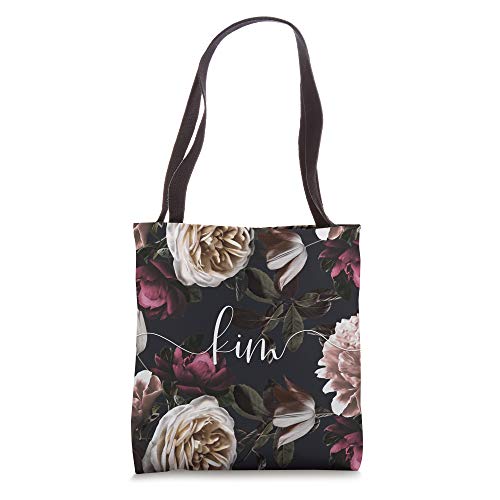 Kim - Elegant Floral Rose & Peony Personalized Name Tote Bag