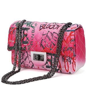 wearigoo satchel handbags for women neon multicolor colorful shoulder crossbody cute brilliant color clutch purses graffiti evening bag with zipper and long strap red graffiti