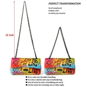 Wearigoo Satchel Handbags for Women Neon Multicolor Colorful Shoulder Crossbody Cute Brilliant Color Clutch Purses Graffiti Evening Bag with Zipper and Long Strap Red Graffiti