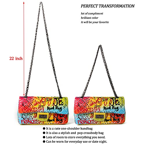 Wearigoo Satchel Handbags for Women Neon Multicolor Colorful Shoulder Crossbody Cute Brilliant Color Clutch Purses Graffiti Evening Bag with Zipper and Long Strap Red Graffiti