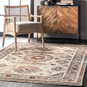 nuloom maison fading tribal medallion fringe area rug, 4′ x 5′ 7″, beige