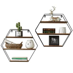 tfer floating shelves wall mounted hanging shelf set of 2 hexagon rustic farmhouse shelves for wall decor,storage | metal bracket and reclaimed wood shelf for bedroom,living room,bathroom,kitchen