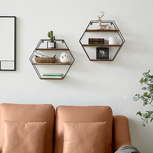 TFER Floating Shelves Wall Mounted Hanging Shelf Set of 2 Hexagon Rustic Farmhouse Shelves for Wall Decor,Storage | Metal Bracket and Reclaimed Wood Shelf for Bedroom,Living Room,Bathroom,Kitchen