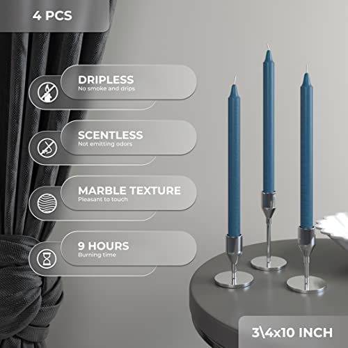 CANDWAX Dark Blue Taper Candles Pack of 4 - Straight Candles 10 inch Ideal as Unscented Candles, Dinner Candles and Table Candles - Slow Burning Candles Dripless - Smokeless Long Candlesticks