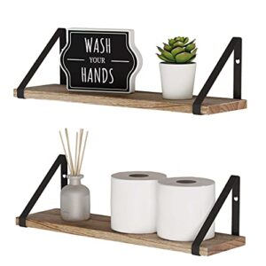 wallniture floating shelves bathroom storage wall mount home decor bedroom kitchen laundry room organizer with black brackets and natural burned rustic wood shelves set of 2