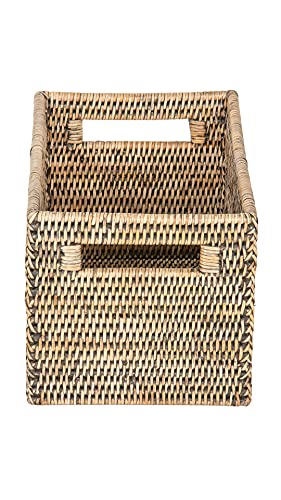 La Jolla Rattan Shelf Basket with Handles, Small, Black-Wash