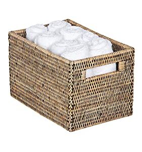 La Jolla Rattan Shelf Basket with Handles, Small, Black-Wash