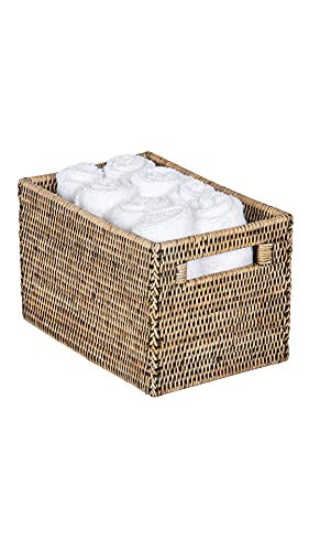 La Jolla Rattan Shelf Basket with Handles, Small, Black-Wash