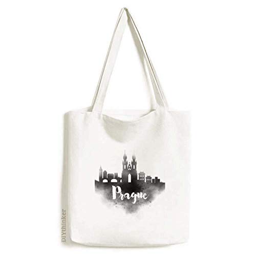 Prague Czech Landmark Ink City Tote Canvas Bag Shopping Satchel Casual Handbag