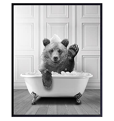 Bear Wall Decor - Bear Wall Art - Funny Bathroom Decor for Women, Kids - Bathroom Pictures - Bath Wall Decor - Cute Modern Bathroom Accessories - Cool Unique Bathroom Sign- Powder Room - Restroom Sign