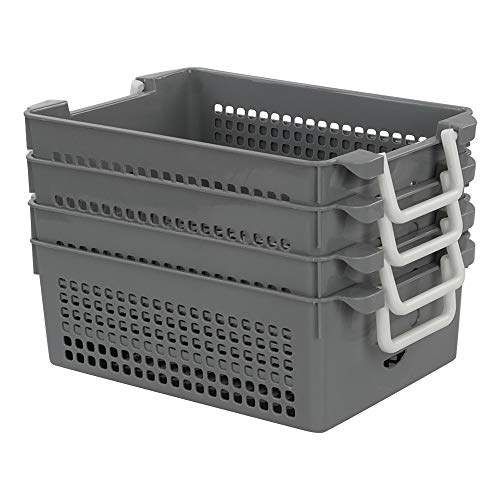 Jandson Plastic Stacking Baskets with Handle, Grey Basket, 4 Packs