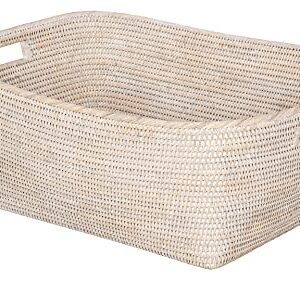 La Jolla Rattan Oblong Storage Basket, White-Wash, Large