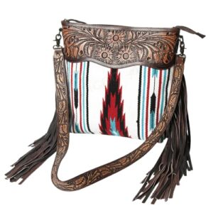 american darling cross body vintage bag large leather fringe crossbody purse western handbags quilted saddle blanket cowhide stylish handmade shoulder handbag hand carved strap (adbgz104), white