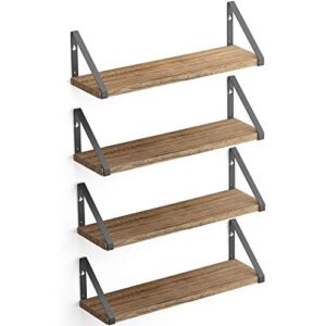 wallniture ponza 17″x4.5″ floating shelves wall mounted set of 4, wall shelves for bedroom, bathroom, living room, kitchen, natural burnt rustic wood wall decor with metal floating shelf bracket