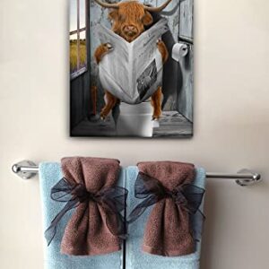 Vantboo Highland Cow are Reading Newspapers In The Toilet Canvas Prints Wall Art Paintings Home Decor Funny Cute Artworks Pictures For Living Room Bedroom Bathroom Decoration 12X16 Inches