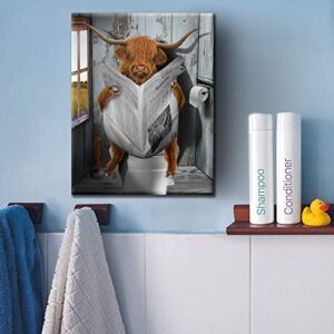 Vantboo Highland Cow are Reading Newspapers In The Toilet Canvas Prints Wall Art Paintings Home Decor Funny Cute Artworks Pictures For Living Room Bedroom Bathroom Decoration 12X16 Inches