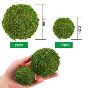 18 Pack Decorative Faux Dried Moss Balls- 6pcs 3.1" Artificial Green Plant Mossy Globes+ 12pcs 2.2" Handmade Sphere Moss Hanging Balls for Home Garden Decors Party Wedding Display Supplies Photo Props