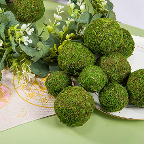 18 Pack Decorative Faux Dried Moss Balls- 6pcs 3.1" Artificial Green Plant Mossy Globes+ 12pcs 2.2" Handmade Sphere Moss Hanging Balls for Home Garden Decors Party Wedding Display Supplies Photo Props