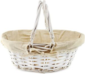 cornucopia wicker basket with handles (white-painted), for easter, picnics, gifts, home decor and more, 13 x 10 x 6 inches