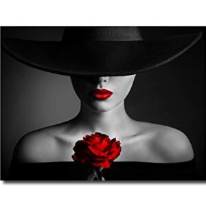 Paimuni Elegant Woman Canvas Wall Art for Living Room Black White Red Rose Prints Modern Wall Decor Ready to Hang 12x16 Inch