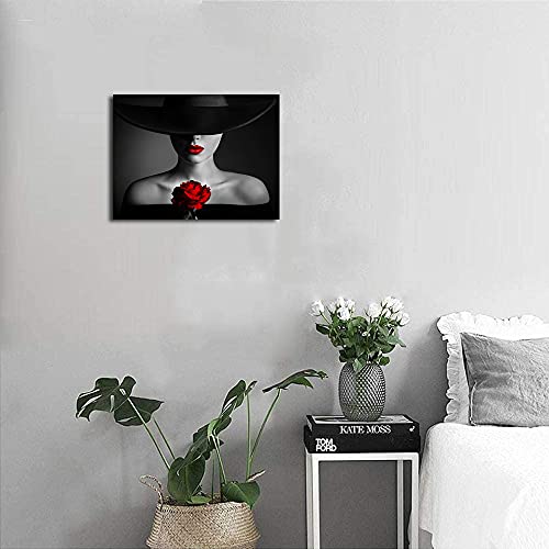 Paimuni Elegant Woman Canvas Wall Art for Living Room Black White Red Rose Prints Modern Wall Decor Ready to Hang 12x16 Inch