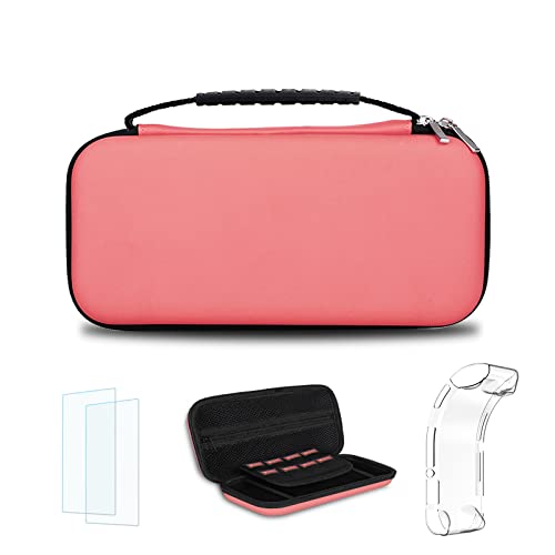 Simpeak Accessories Case Compatible with Switch Lite, Travel Carrying Case Hard Shell Storage Bag for Console and Accessories, with Tempered Glass and Silicone Protective Case for Girls Coral Pink