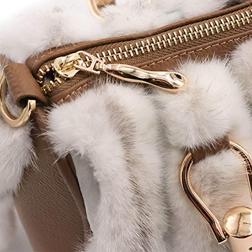 surell - Luxurious Mink Fur Handbag w Tails - Leather Tote Bag - High Fashion Purse Gift - Beautifully Crafted Pocketbook with Zipper Closure - Stylish and Quality Fuzzy Accessory - (White/Beige)