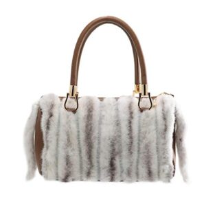 surell - Luxurious Mink Fur Handbag w Tails - Leather Tote Bag - High Fashion Purse Gift - Beautifully Crafted Pocketbook with Zipper Closure - Stylish and Quality Fuzzy Accessory - (White/Beige)